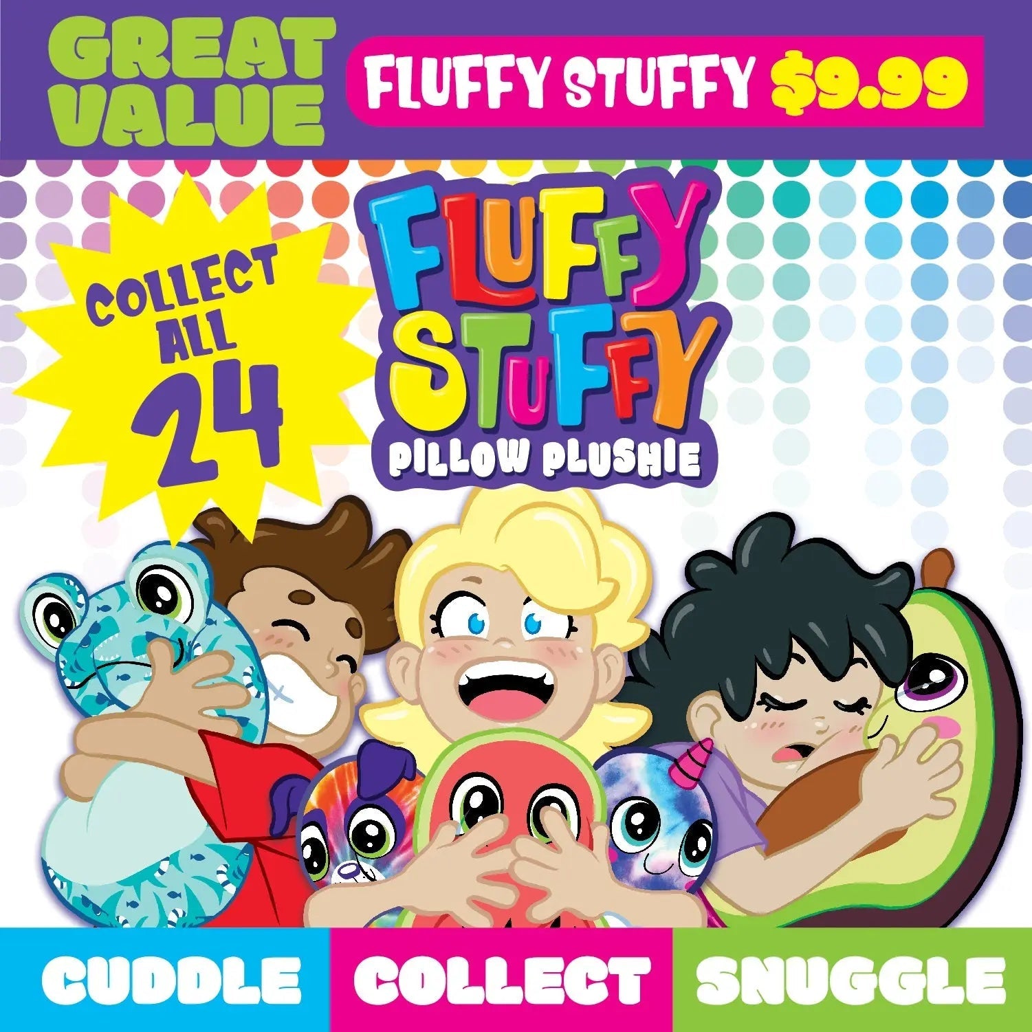 Plush Pillow Fluffy Stuffy Assortment Floor Display - 24 Pieces Per Re ...